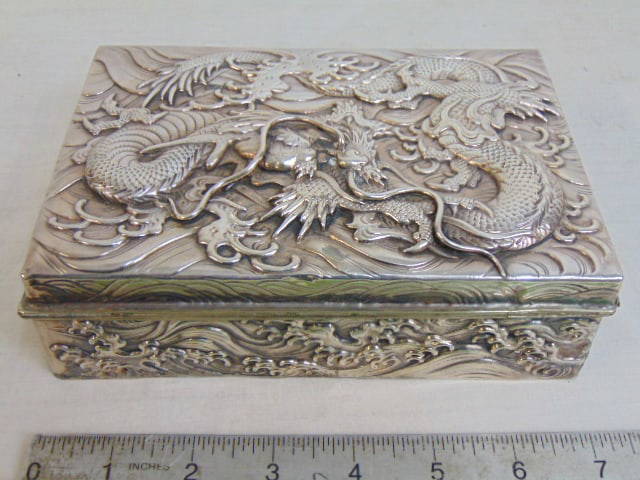 Japanese Silver Box With Dragon Decorated Lid, Waves On Sides ...