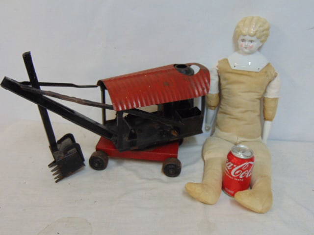Shoulder Head Doll & Keystone Steam Shovel Toy, Porcelain Doll Head On ...
