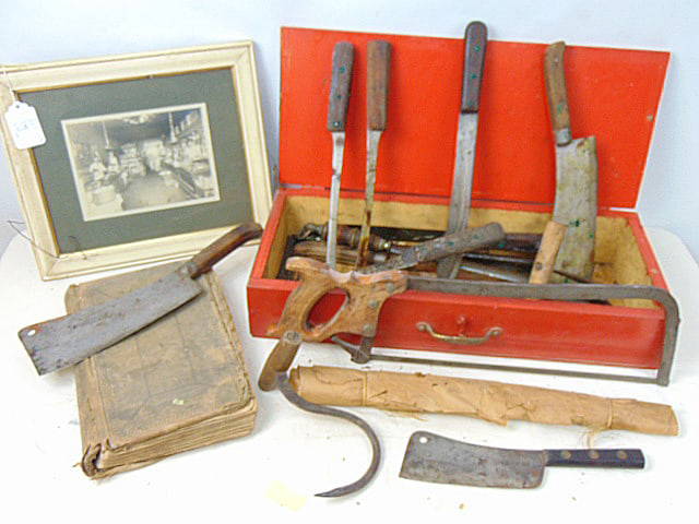 Vintage Butcher Item Lot, Photograph, Various Tools, Saws, Hooks ...