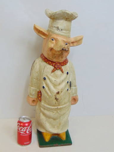 Cast Iron Pig In Chefs Clothing, Painted, Pig Is 22.75" Tall