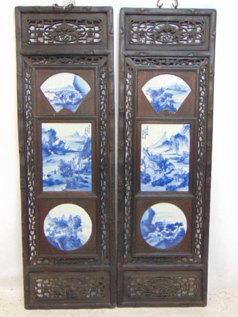 2 Carved Chinese Panels With Porcelain Blue & White Inserts, 3 Inserts ...