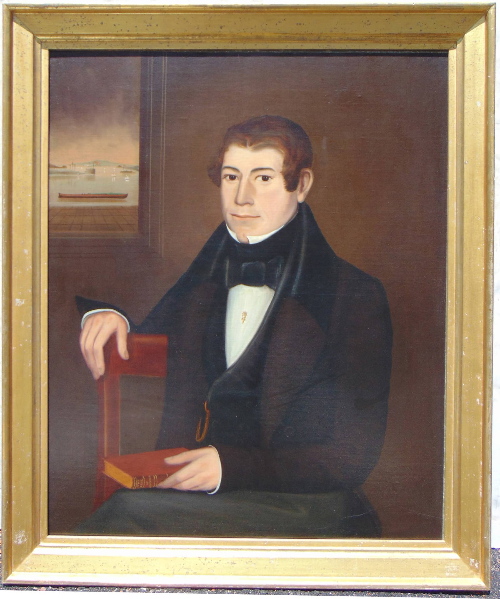 Portrait Of A Seated Young Man With View Of Ny Harbor, Attr. To Isaac ...