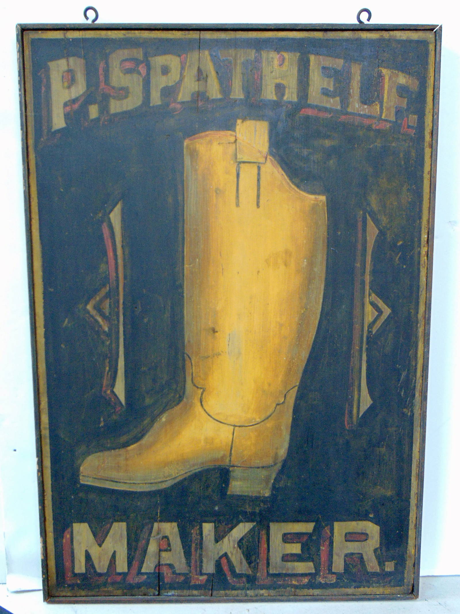 Trade Sign, Double Sided, "p. Spathelf. Maker" Bootmaker, Painted Wood ...