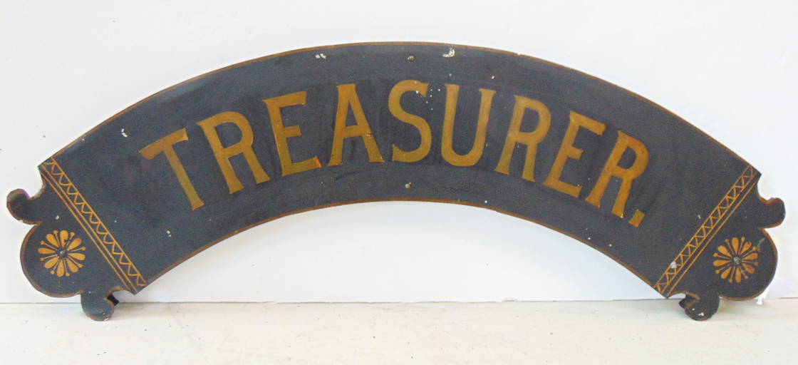 Sign, "treasurer" Gold Lettering, Tin Mounted On Wood, 29" Length