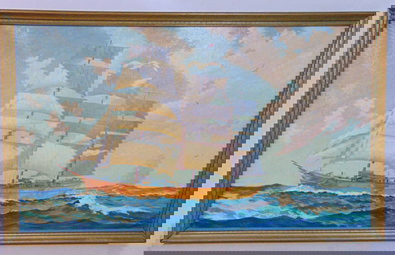 Painting, Sail Ships In Open Sea, Signed Gordon Dean Smith, 1940, Oil ...