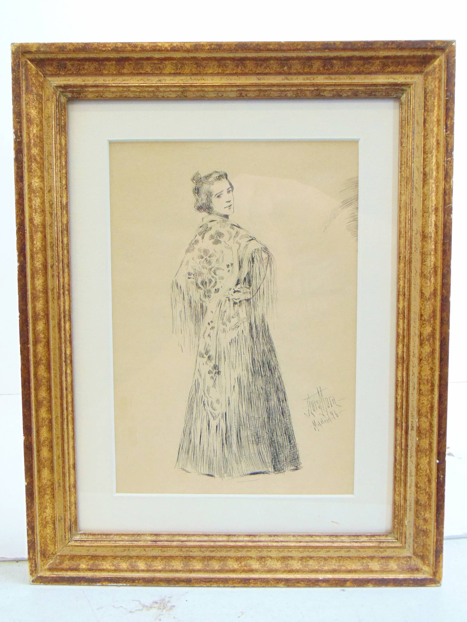 Ink Drawing, Full Portrait Lady In Dress, Signed Louis Mora, Madrid ...