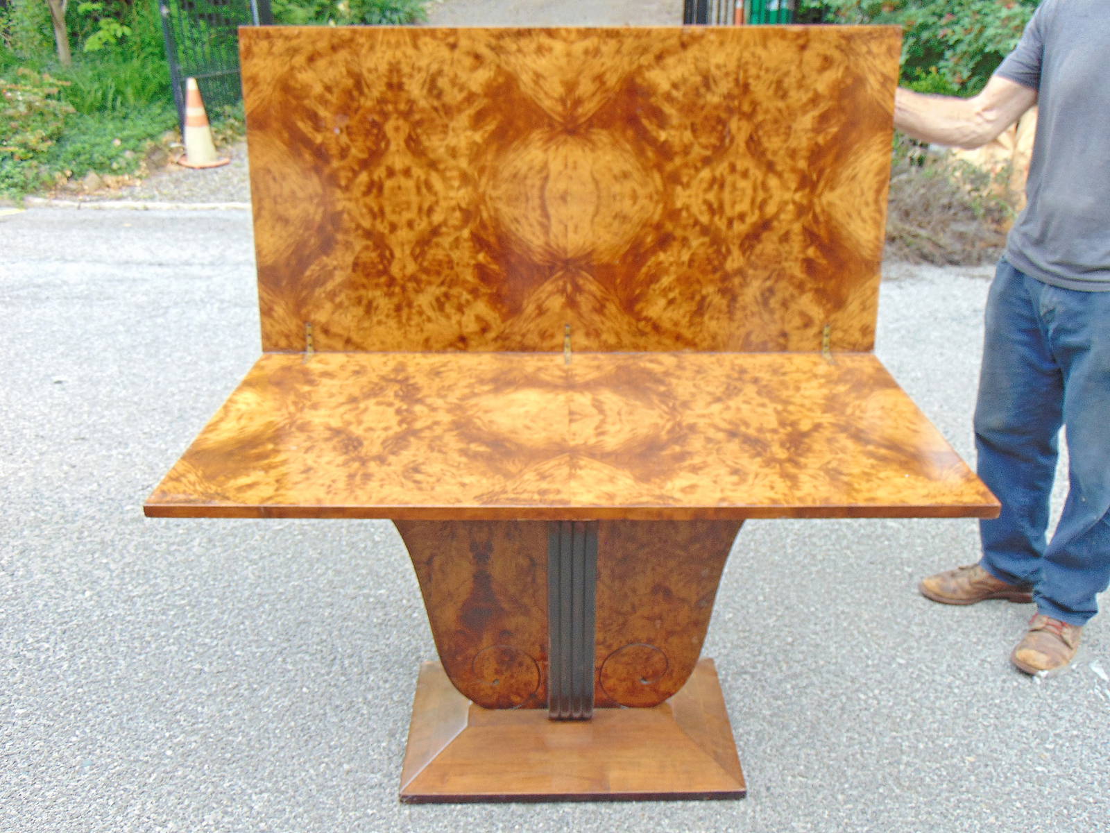 American Art Deco Book Matched Burled Walnut Console Table, Manner Of Gilbert Rhode, Opens Into ...