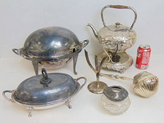 Lot Silverplate, Two Vegetable Dishes, Teapot On Stand, Glass Jar With ...