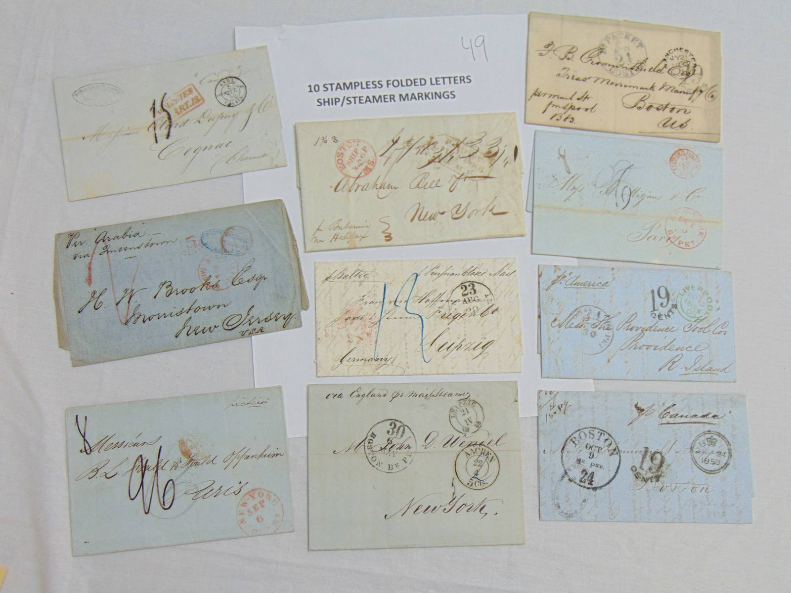 10 Stampless Folded Letters With Ship / Steamer Markings, Providence Ri ...