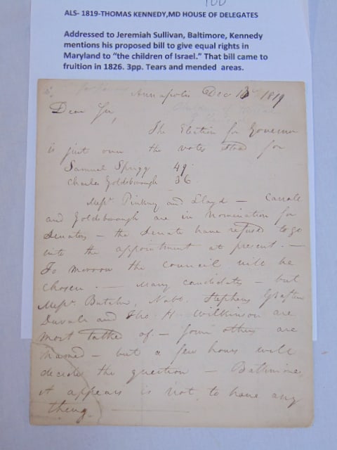 Als, Thomas Kennedy, Md House Of Delegates, 1819, Addressed To Jeremiah ...