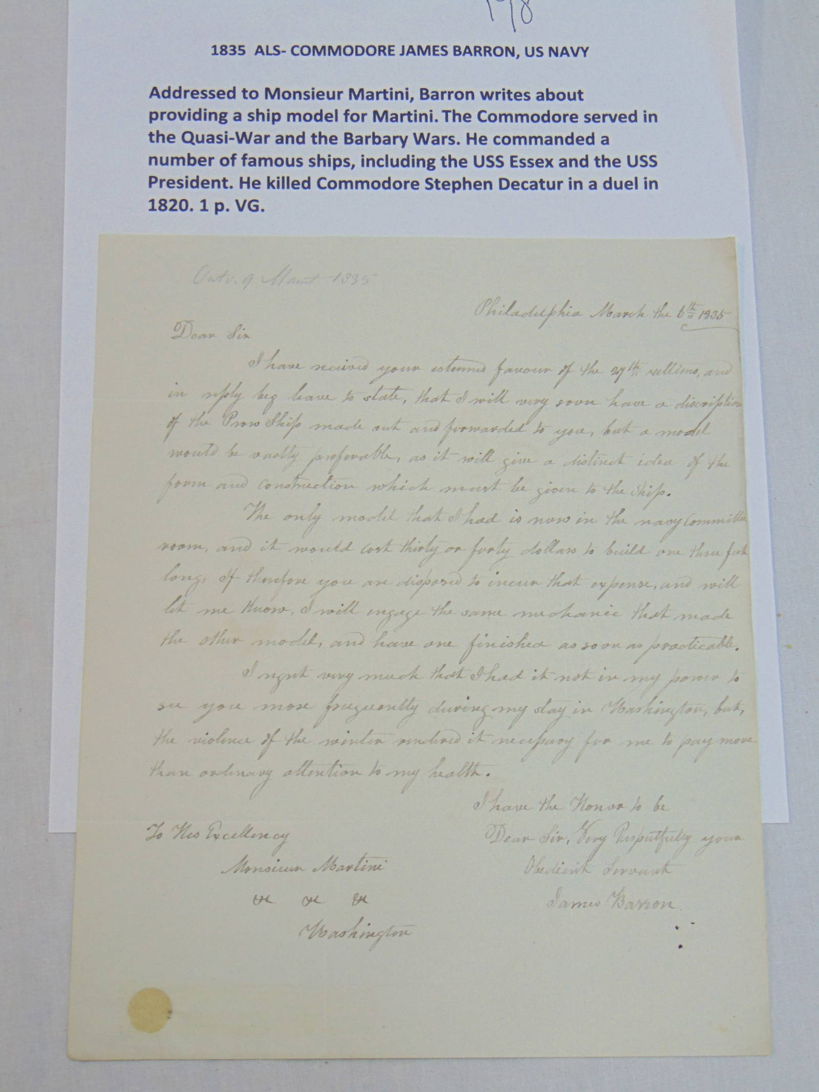 Als 1835 Commodore James Barron, Us Navy, Addressed To Monsieur Martini ...