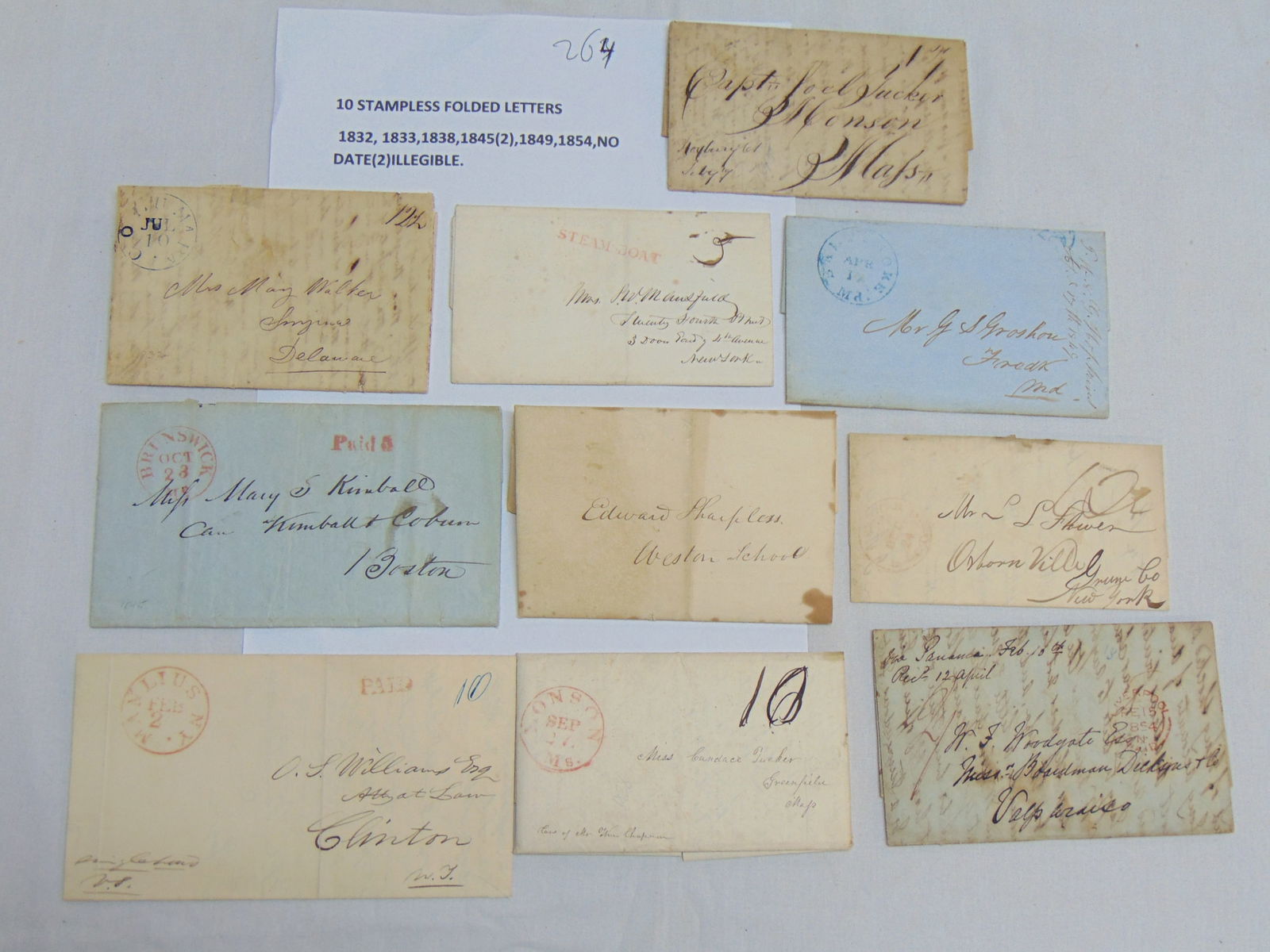10 Stampless Folded Letters, 1832 To 1854, Postmarks Include Brunswick ...
