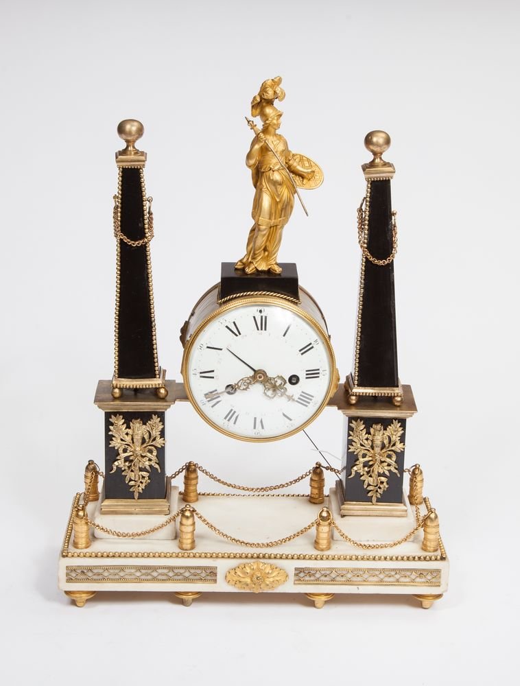 A FRENCH BRASS WHITE AND BLACK MARBLE DOUBLE OBELISK