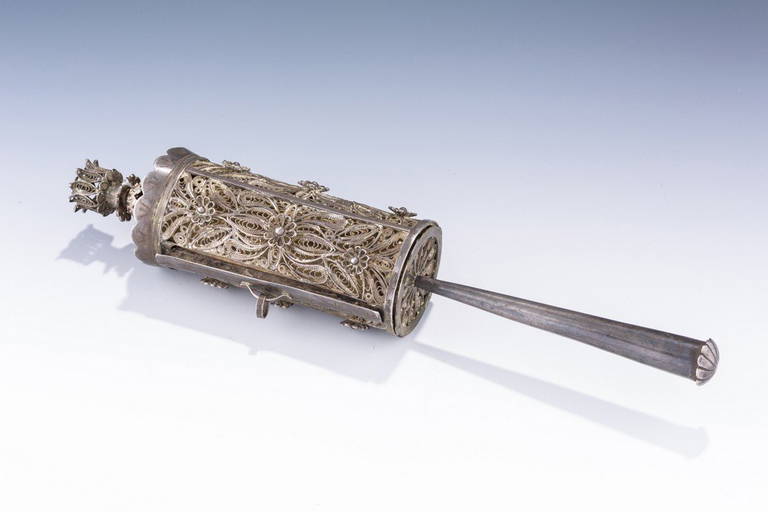 A Silver Filigree Megillah Case With Original Megillah.