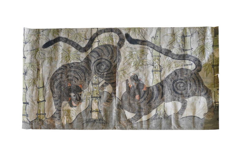 Large Japnaese Painted Rice Paper Tiger Scroll