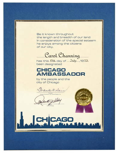 Carol Channing Chicago Key To The City & Certificate