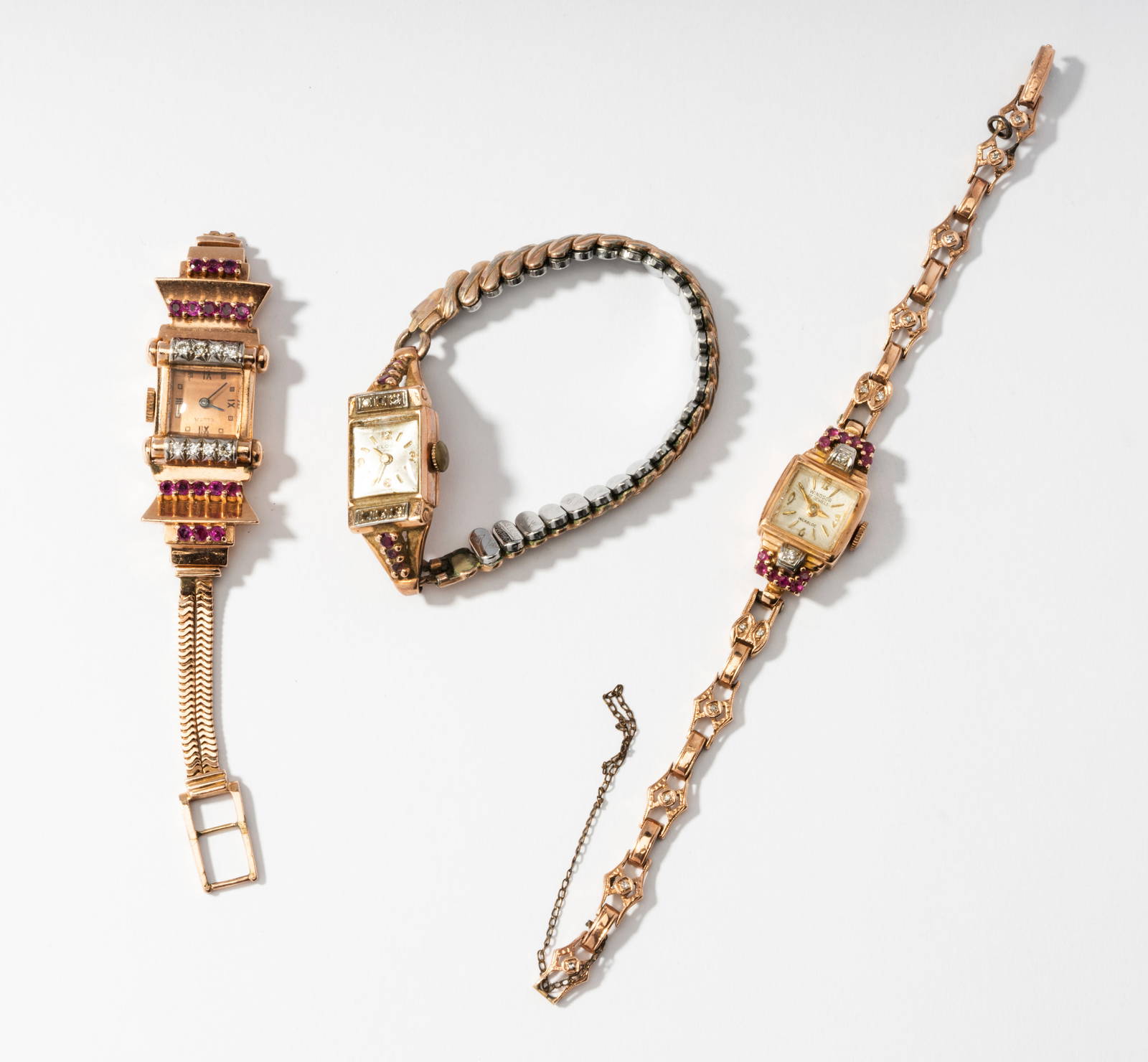 Three 1940's Style Rose Gold, Diamond & Ruby Watches Auction