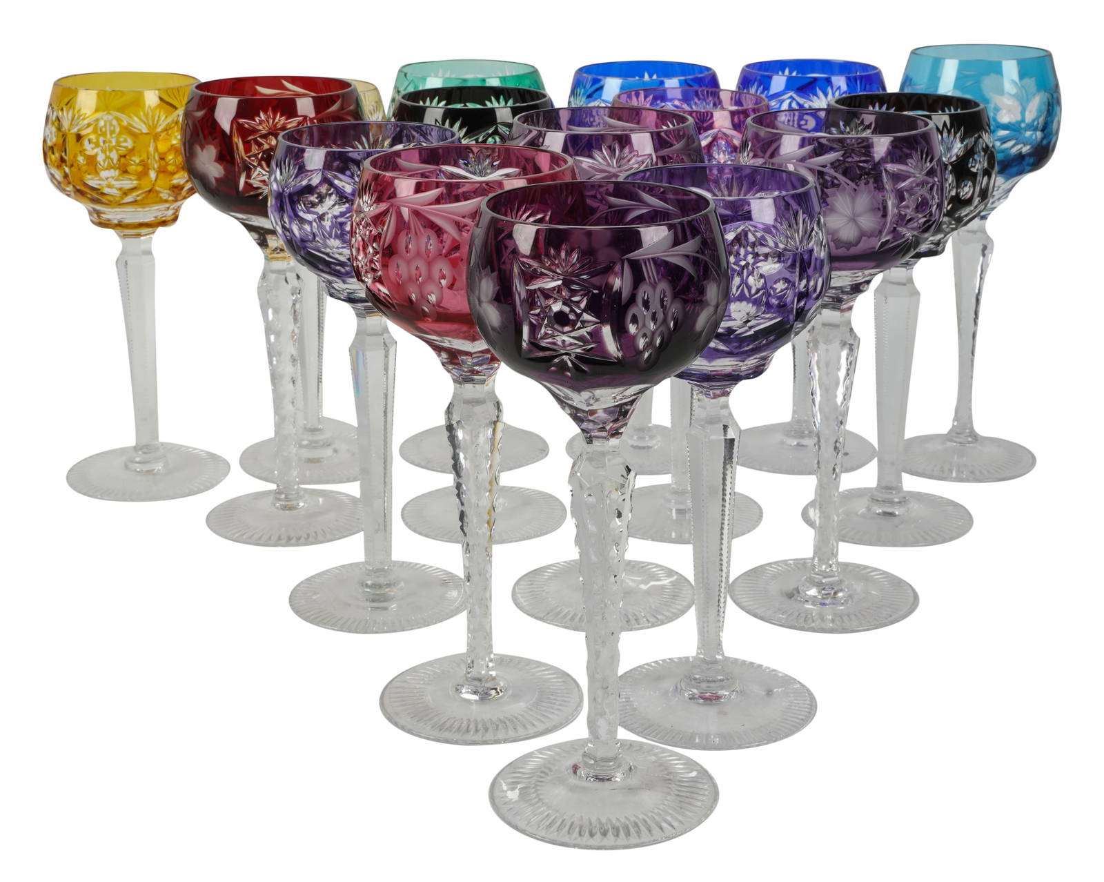 Collection Of 16 Etched And Colored Crystal Stemware Auction