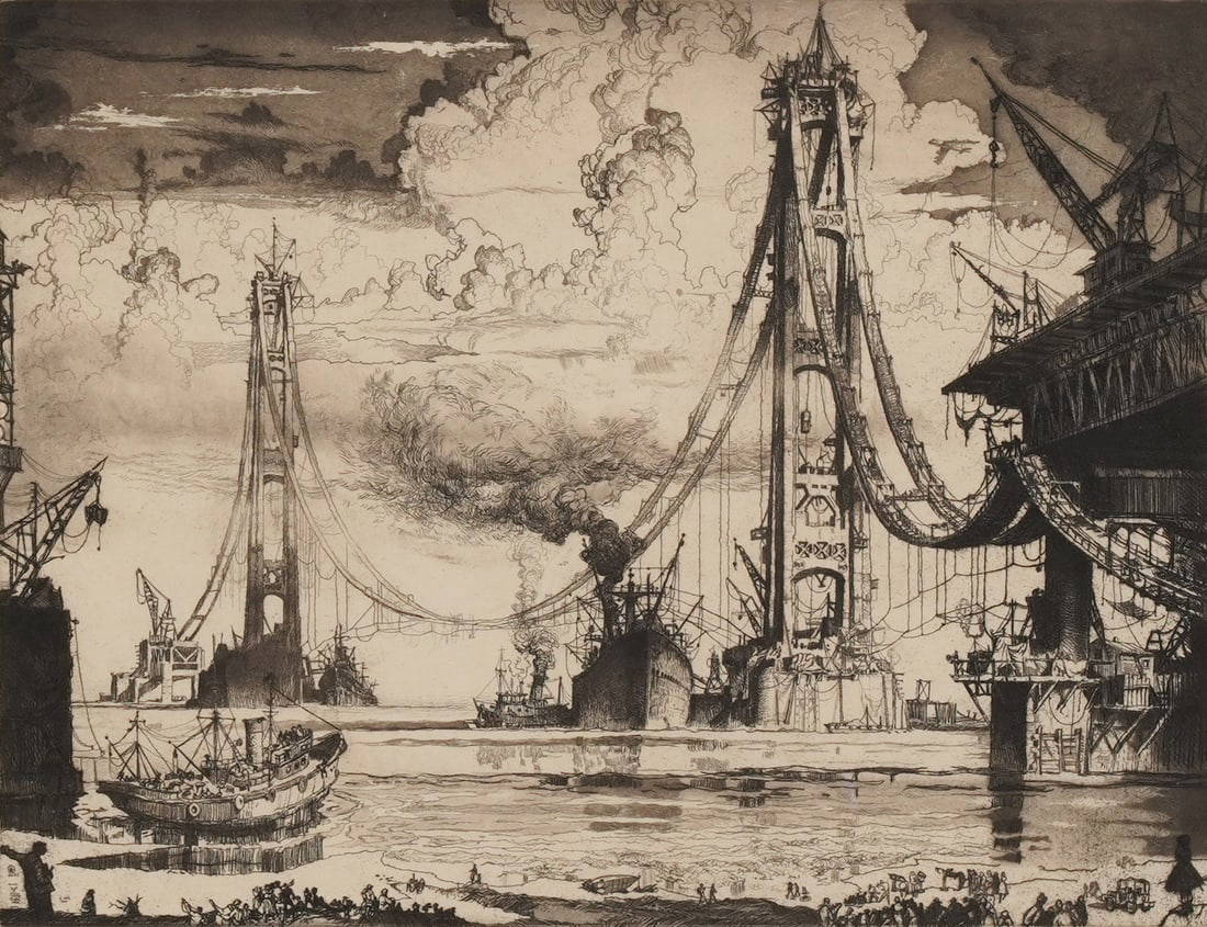 Reynold Weidenaar (1915 - 1985): Building The Bridge, Mackinac Straits ...