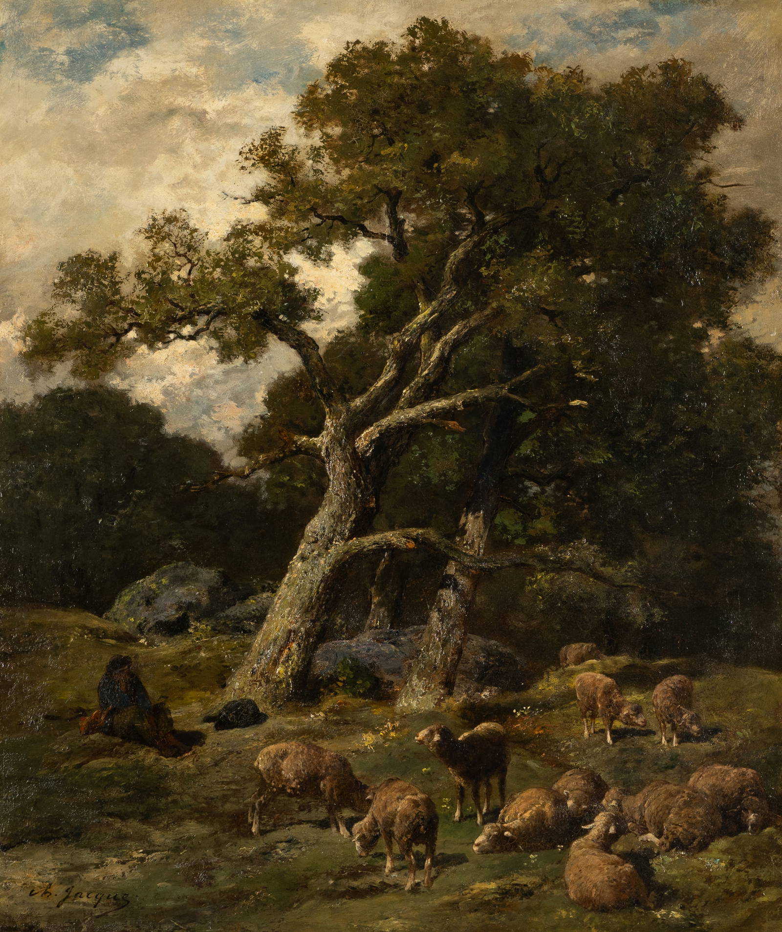 Charles Emile Jacque (1813 - 1894): Shepherd With Flock In Landscape ...