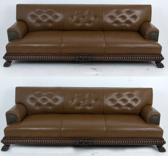 Pair Of Tufted & Studded Leather Sofas
