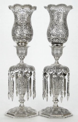 Pair Antique Large Pure Silver Persian Lamps