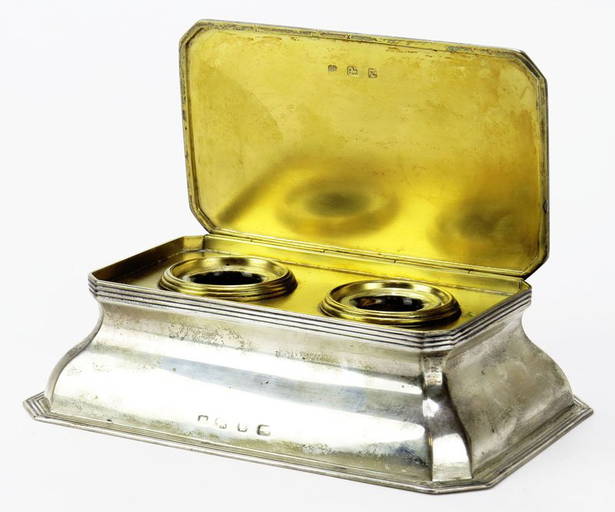 Sterling Silver Box / Inkwell With Glass Inserts,
