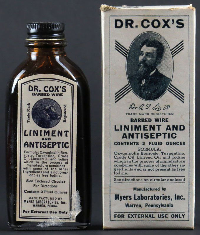Dr. Cox's Barbed Wire Liniment And Antiseptic. Bottle