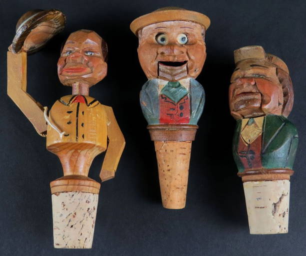 Three (3) Wood Stopper Figures. Unsigned. Moving Parts