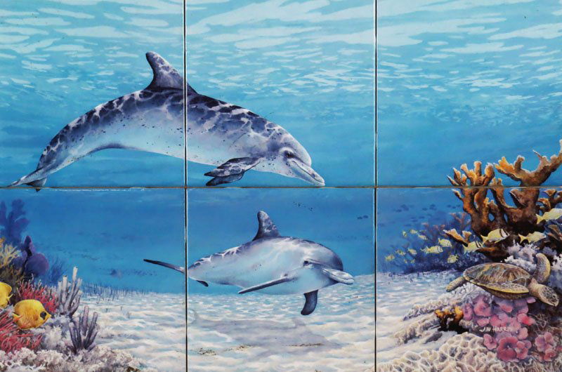J. W. Harris Framed Painted Tile Dolphin Underwater