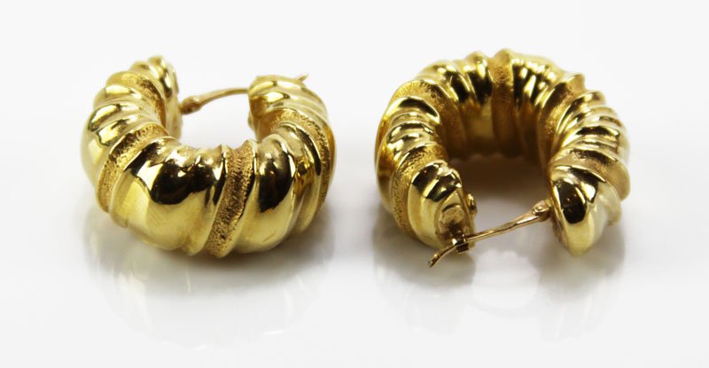 18 Karat Yellow Gold Hoop Earrings. Signed Hallmarks.