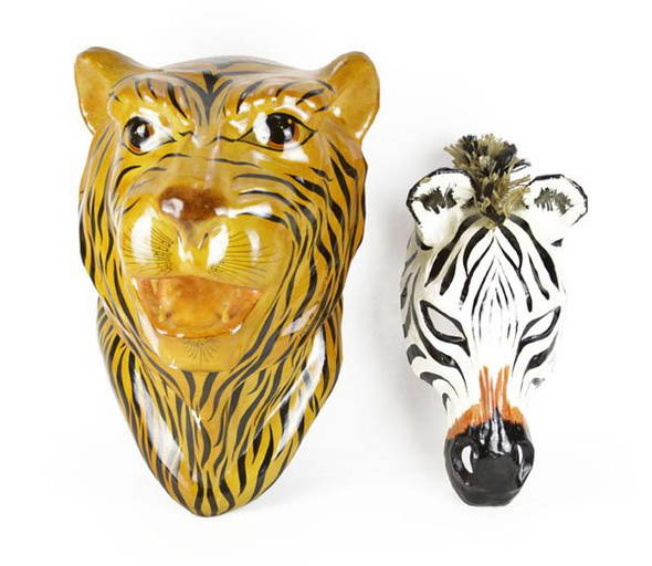 Two (2) Vintage Paper Mache Animal Mask. Zebra Signed