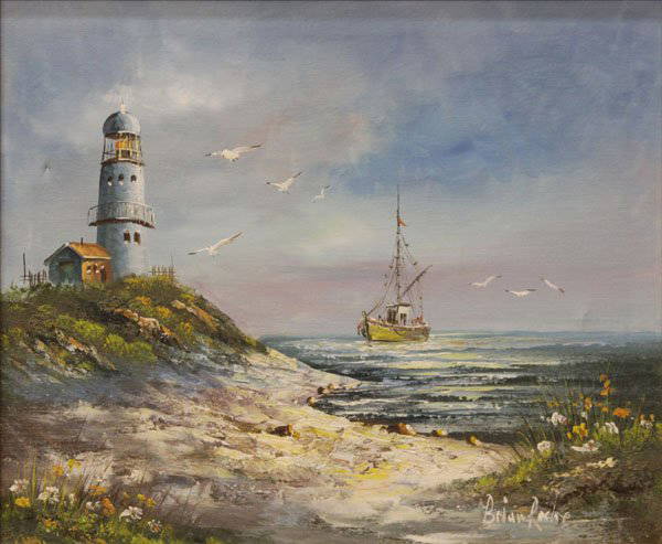 Brian Roche Signed Oil Painting Of A Harbor Scene. Sign