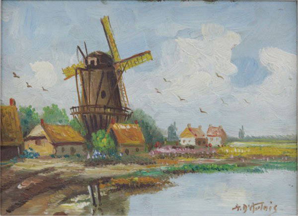 Arthur D'artois (1894 1976) Oil On Masonite Of A Windm