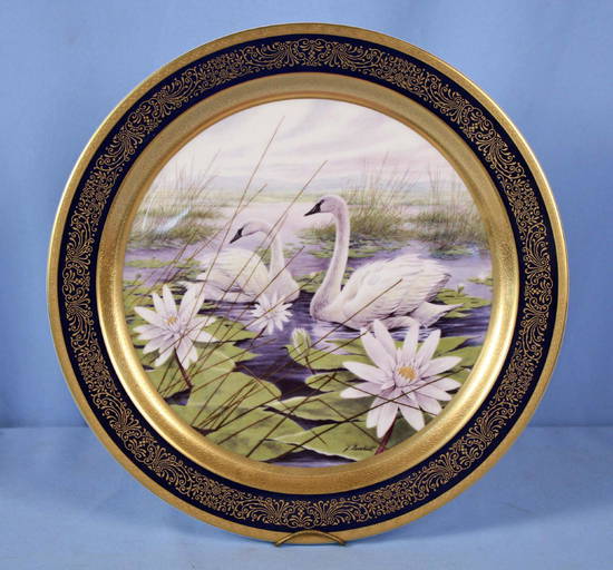 Large Pickard Trumpeter Swan Plate With Gold Gilt