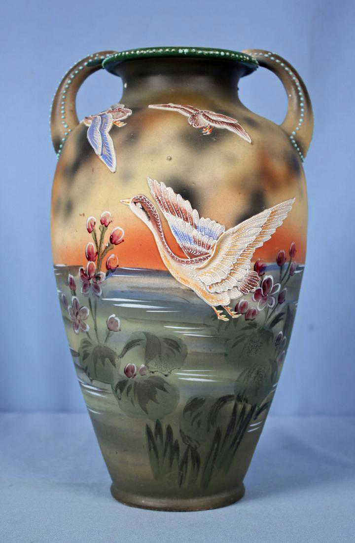 Nippon Hand Painted Moriage Vase w/ Flying Geese Nippon Hand Painted Moriage Vase w/ Flying Geese