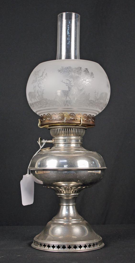 Rayo Nickel Plated Oil Lamp W/ Stag Etched Shade