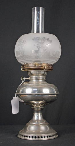 Rayo Nickel Plated Oil Lamp W/ Stag Etched Shade