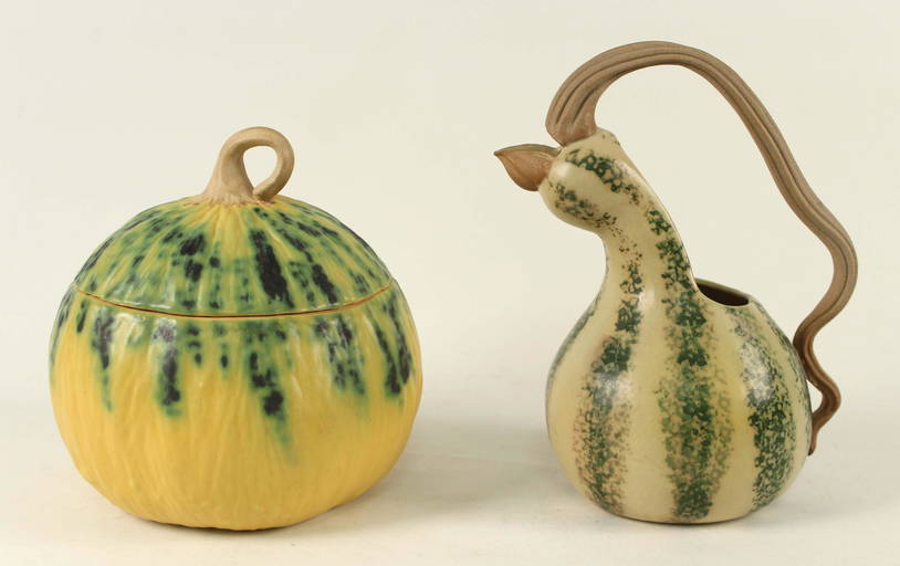 Bauman Stoneware Pottery Gourd Pitcher & Bowl