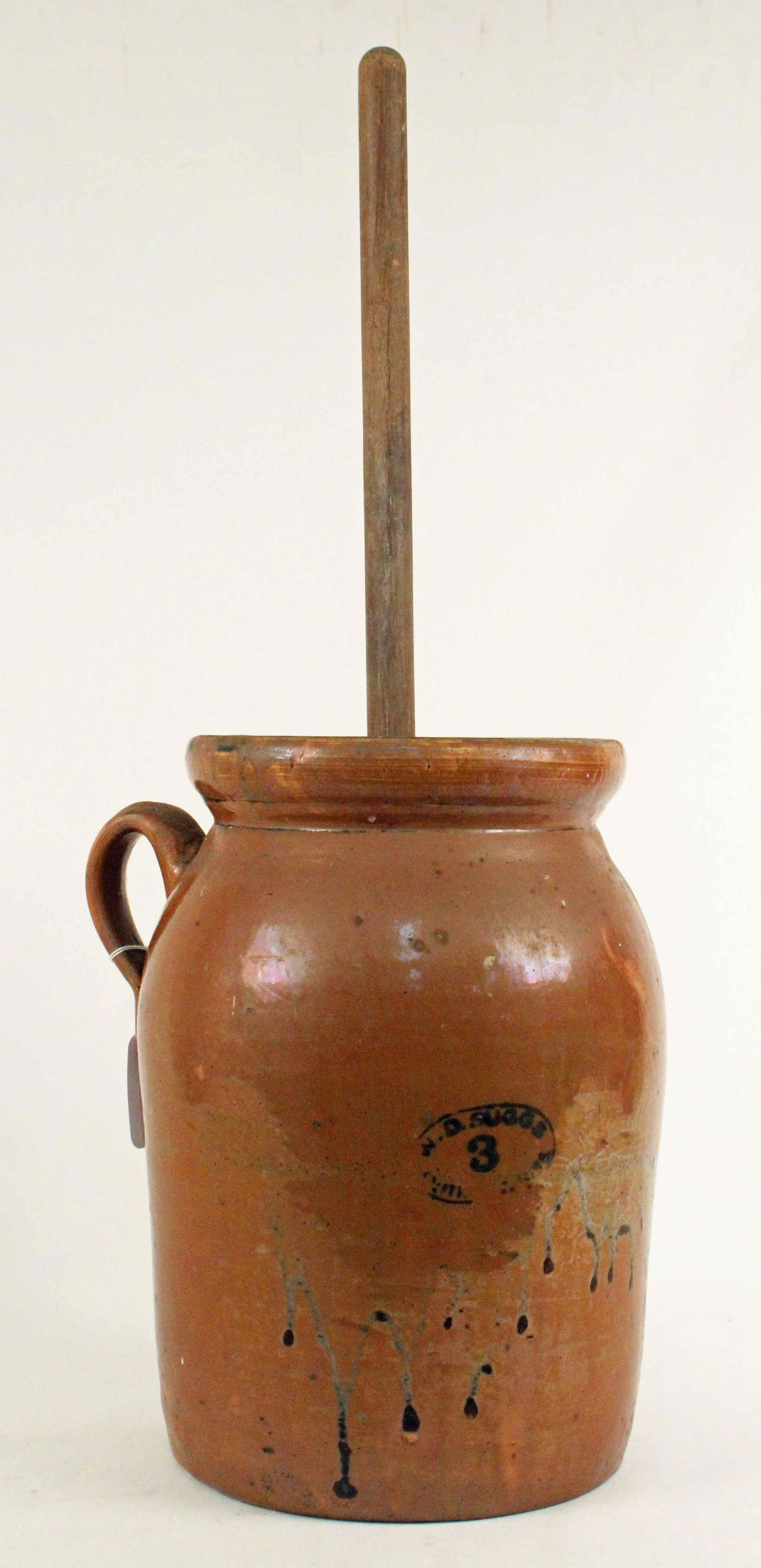 Three Gallon Brown Stoneware Churn With Dasher