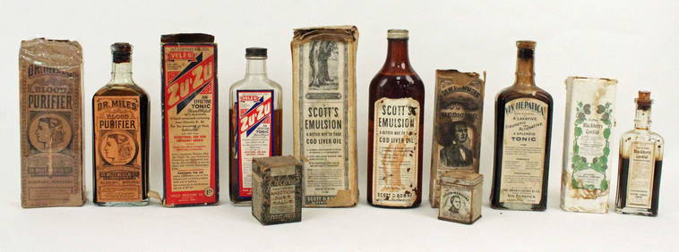 Collection Of Four Rare Antique Label Under Glass Back Bar Bottles