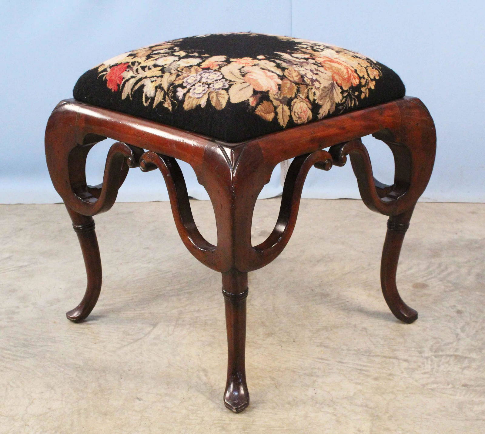 Fancy Queen Anne Style Stool W/ Floral Needlepoint Auction