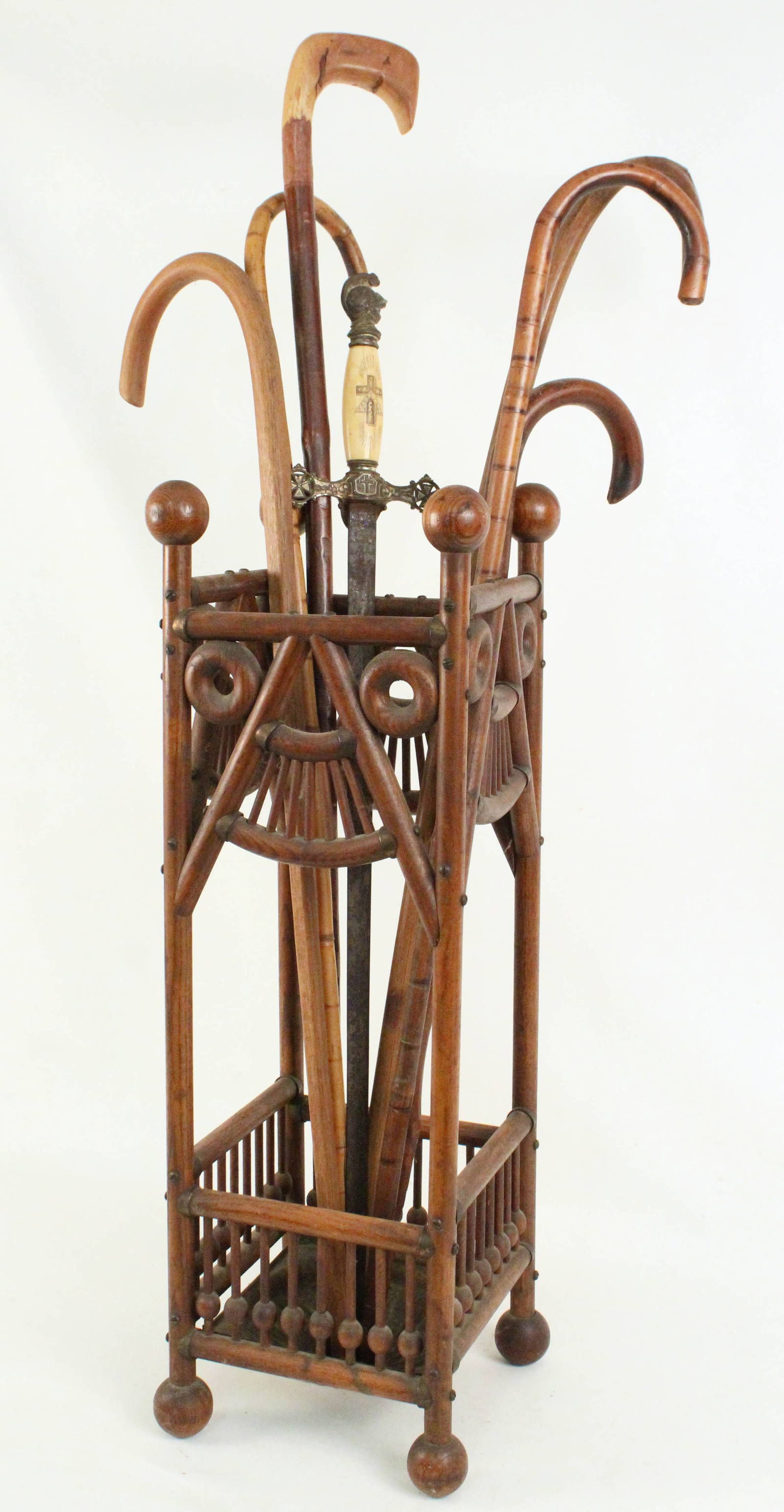 Stick & Ball Oak Walking Stick Stand W/ Old Sword Auction