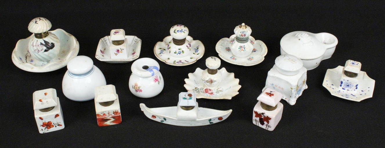 Group Of (14) Handpainted Porcelain Inkwells