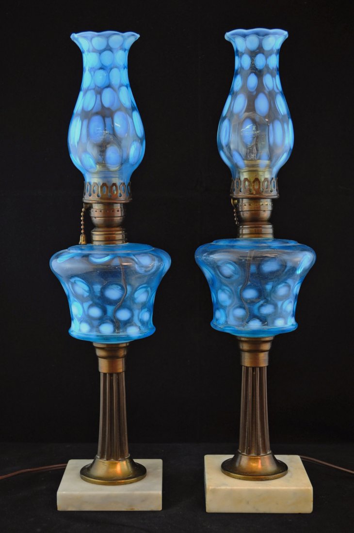 A Pair of Fenton Blue Opalescent Coin Dot Lamps