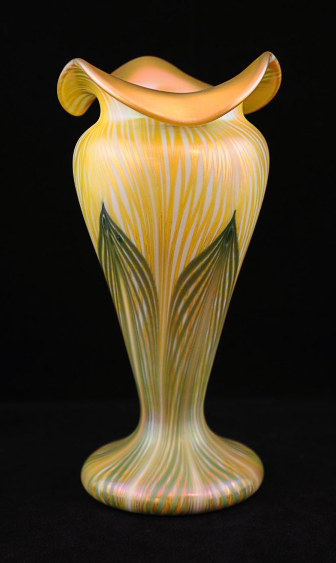 Quezal Vase, Double Combed Design, Fold Down Rim
