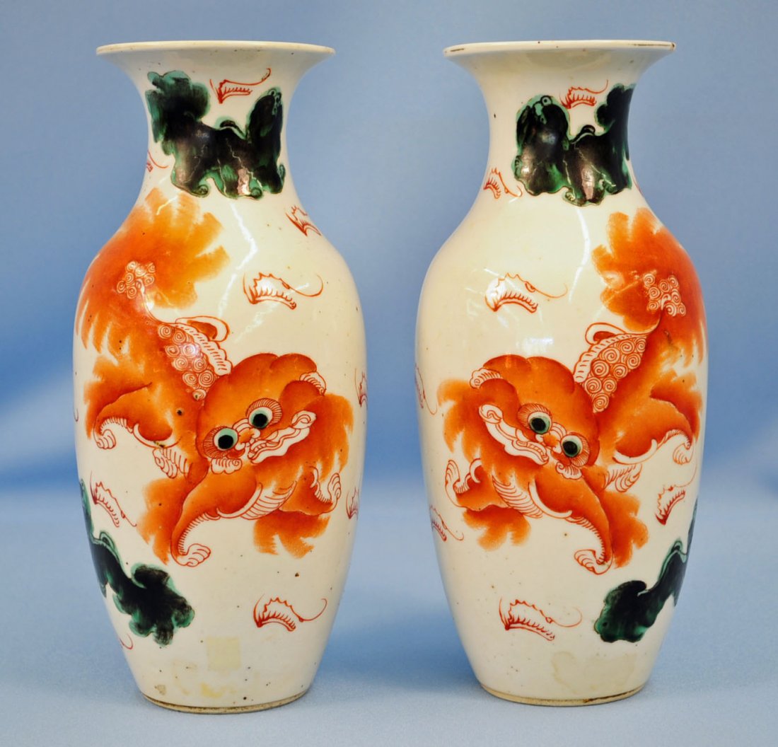 Chinese Porcelain Vases w/ Rust Orange Foo Dogs