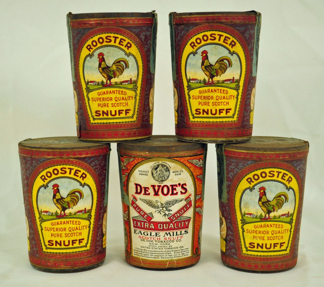 Five Rare Nos Snuff Glasses, Rooster, Devoe's