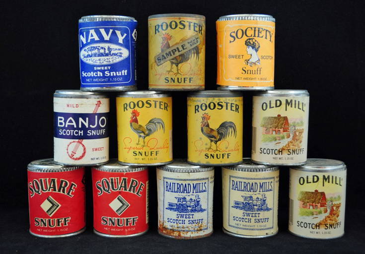 12 Vintage Nos Snuff Cans, Society & Rooster