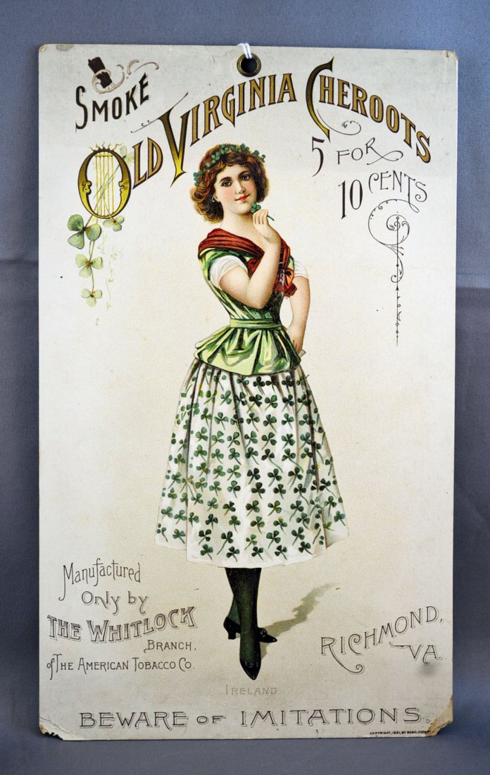 Old Virginia Cheroots Cigar Cardboard Sign C.1891